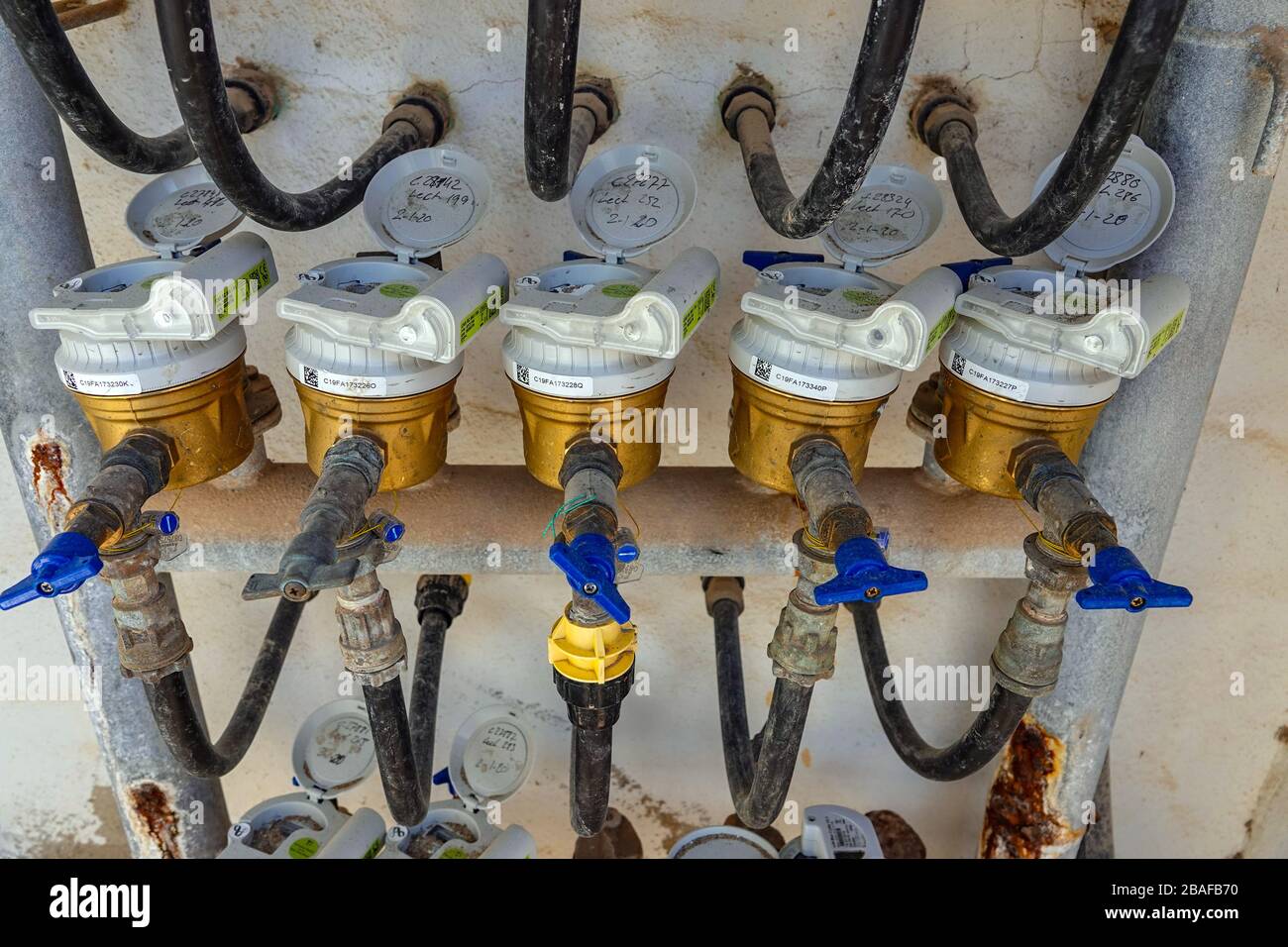 Series of water meters in Spanish apartment block, Denia, Costa Blanca ...
