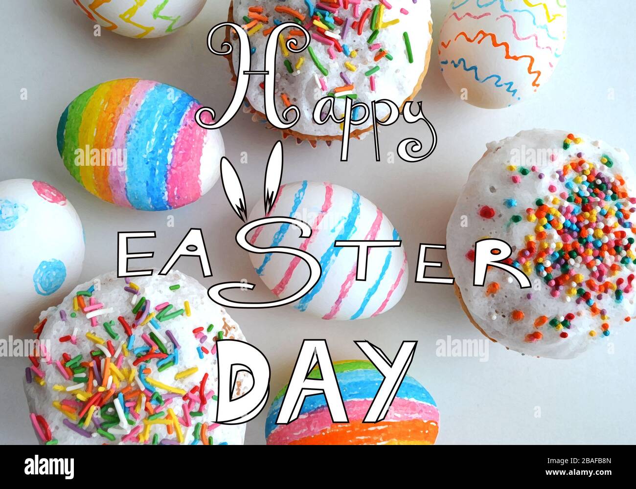 Easter. Colored eggs and cakes. Lettering, congratulations. Design for ...