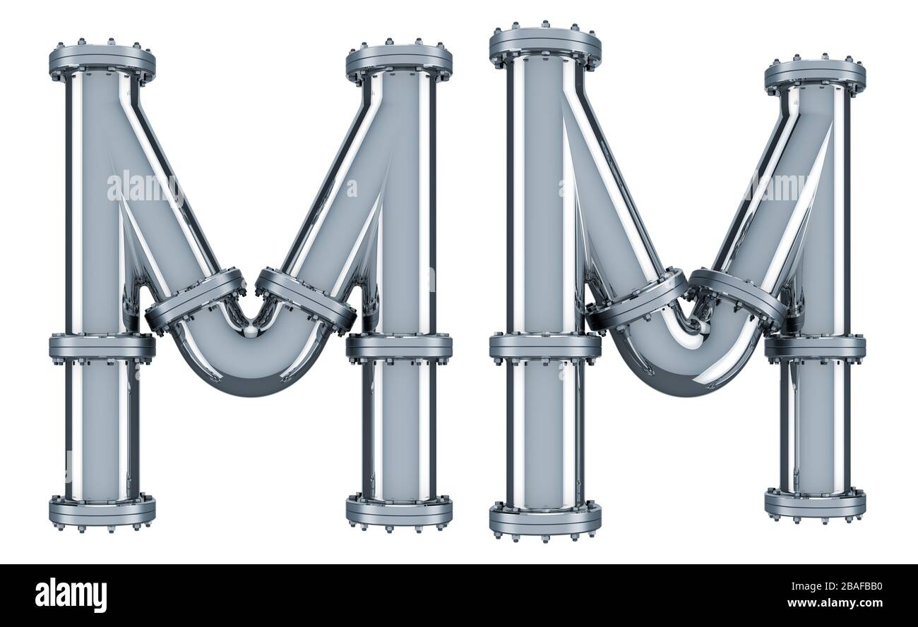 Letter M from steel pipes, 3D rendering isolated on white background ...
