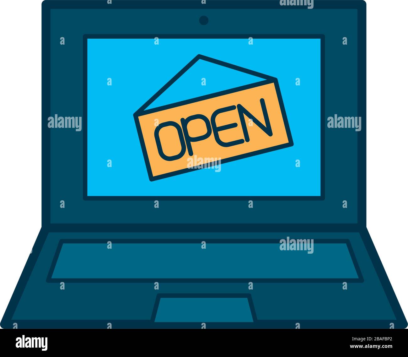 shopping online concept, laptop computer with open sign on screen icon ...