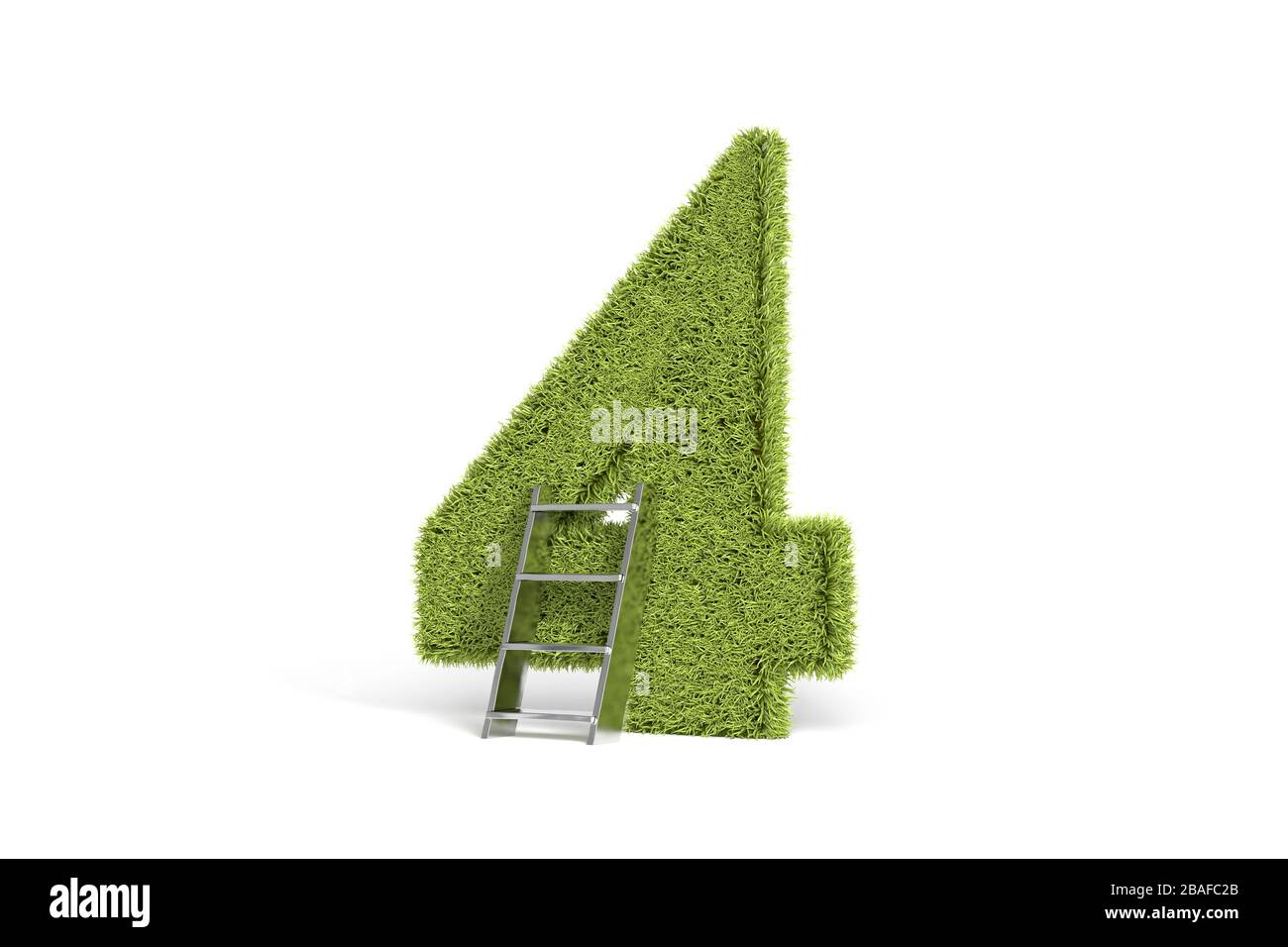 3d rendering, front view of green color number four grass shape in ...