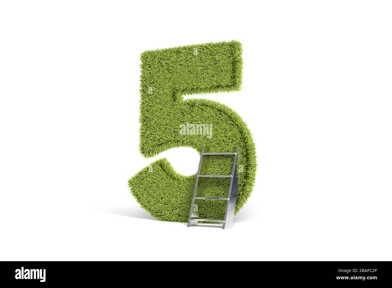 3d rendering, front view of green color number five grass shape in ...