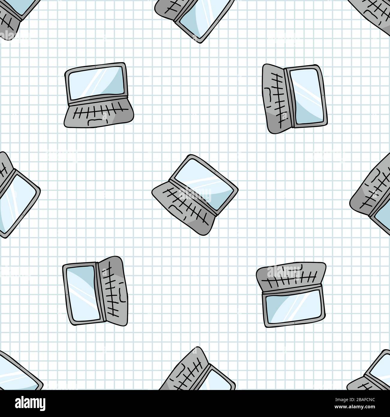 Hand drawn cartoon scattered laptop for working at home seamless vector ...