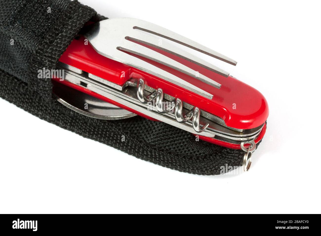 Red multipurpose knife with fork in case Stock Photo - Alamy