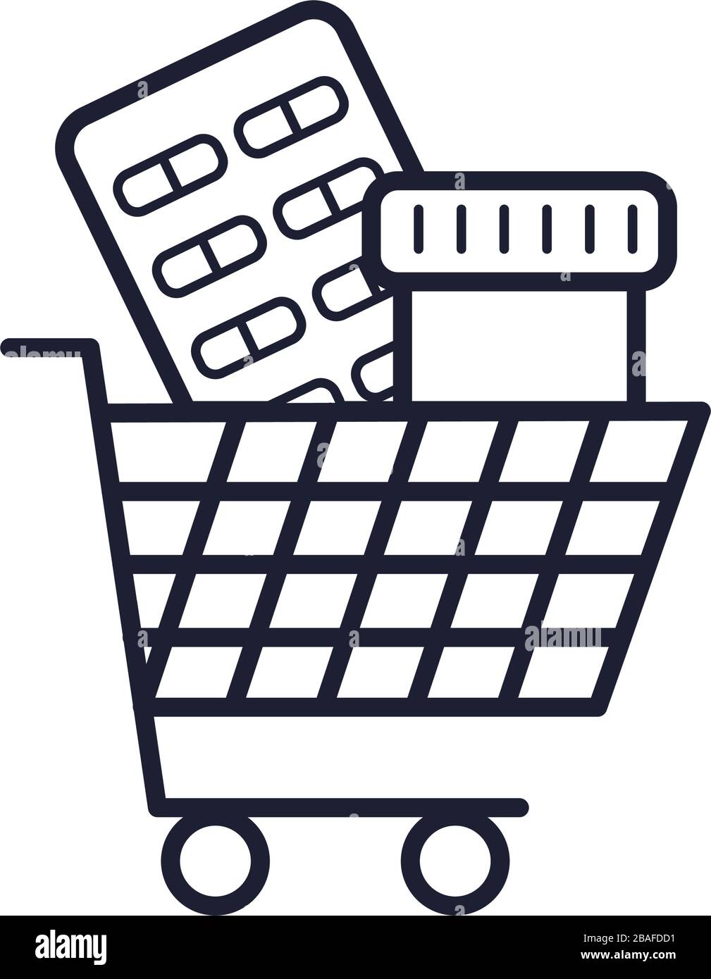 shopping cart with medication pills icon over white background, line ...