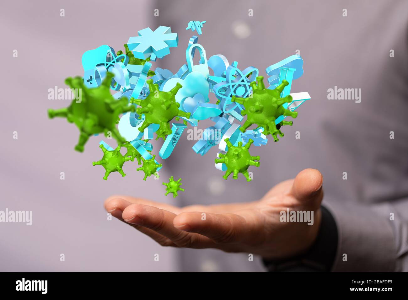 Illustration of the icons of viruses in the hands of a person Stock ...