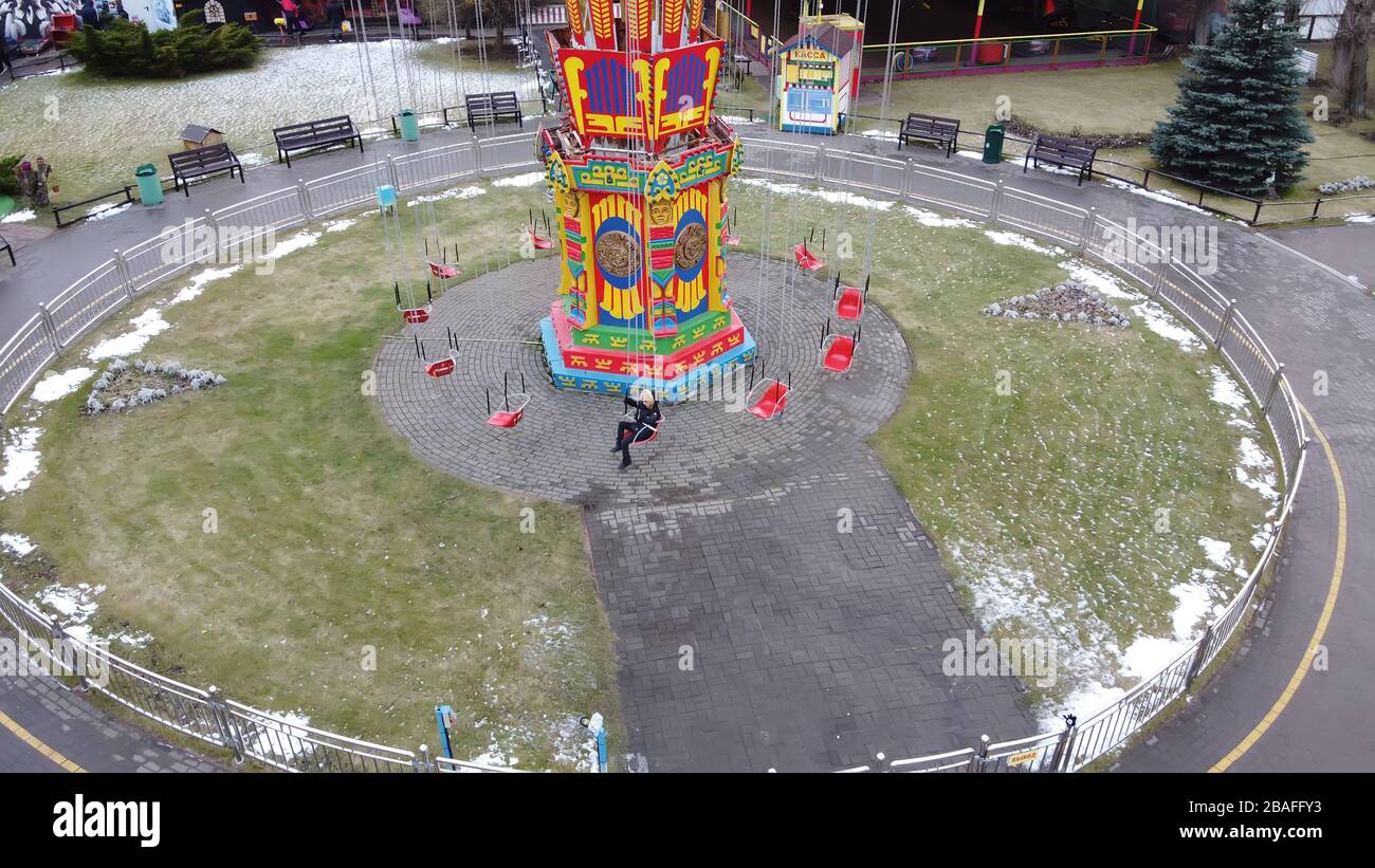 Aerial view of Gagarin Park and amusement park near Victory Park Pobedy ...