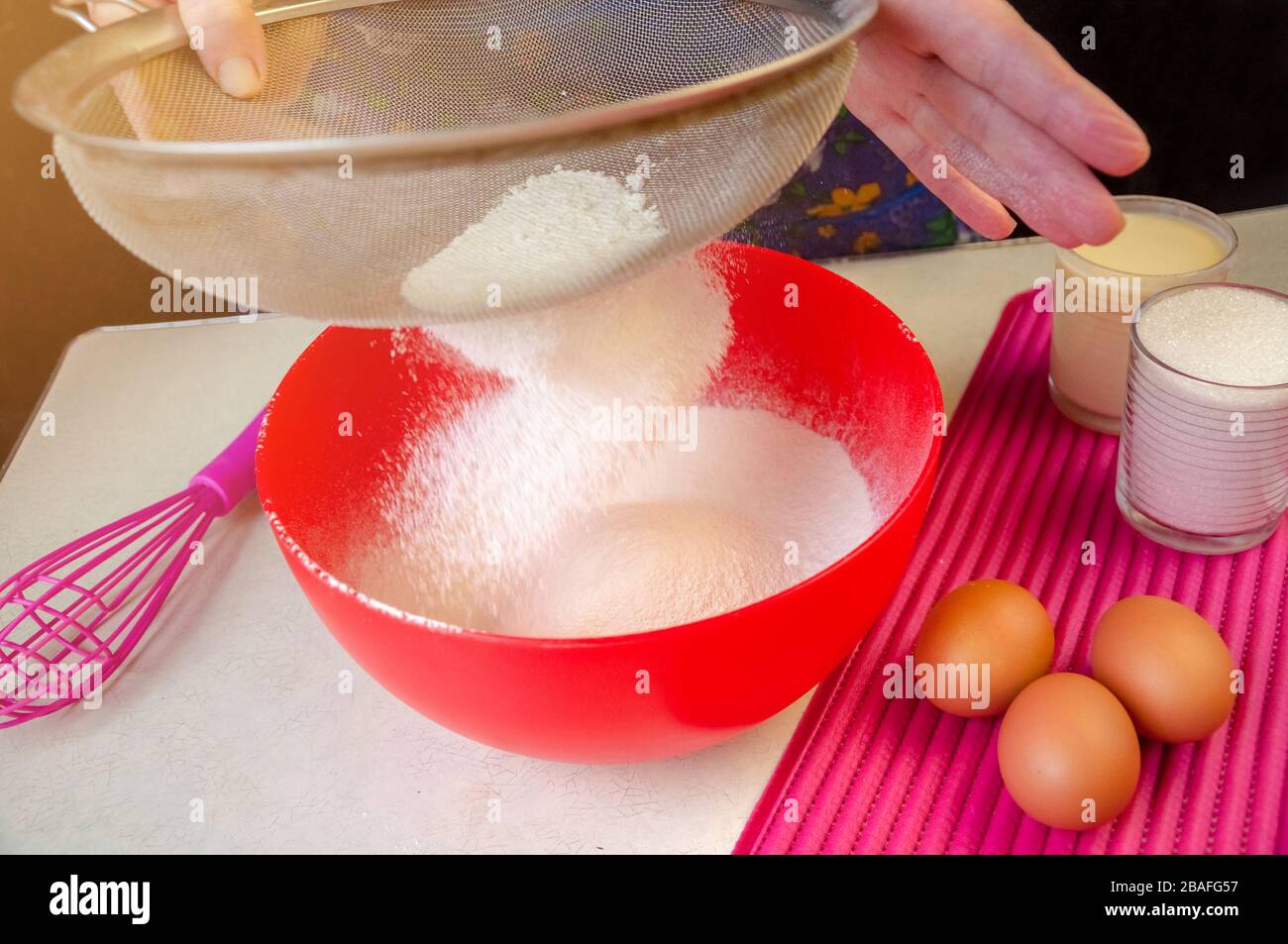 Baking Ingredients and Utensils for Cooking Sponge Cake. Process ...