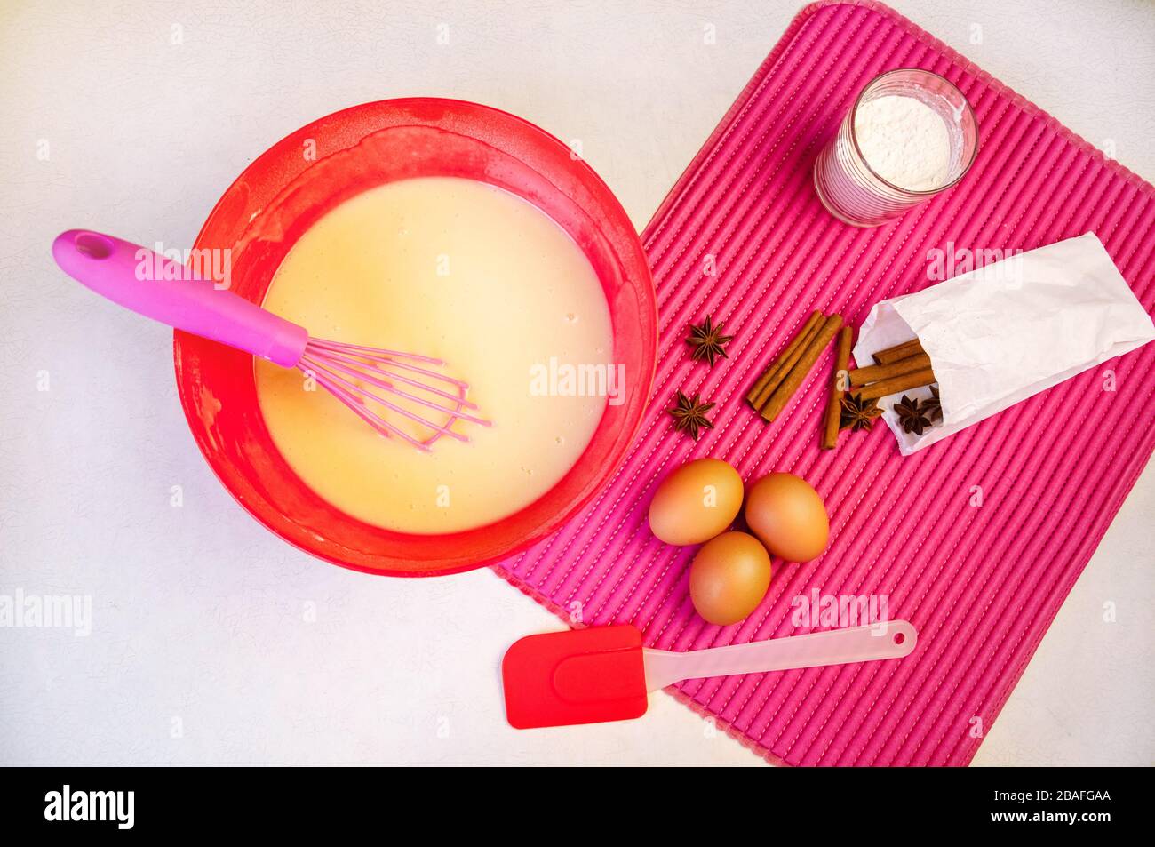 Baking Ingredients and Utensils for Cooking Sponge Cake Stock Photo - Alamy