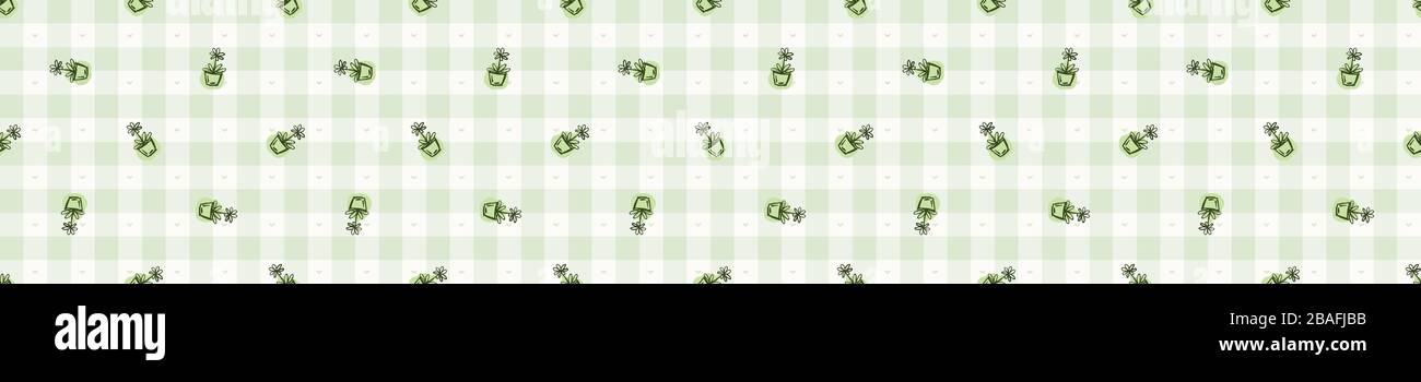 Hand drawn whimsical flower pot gingham seamless border pattern. Vector ...