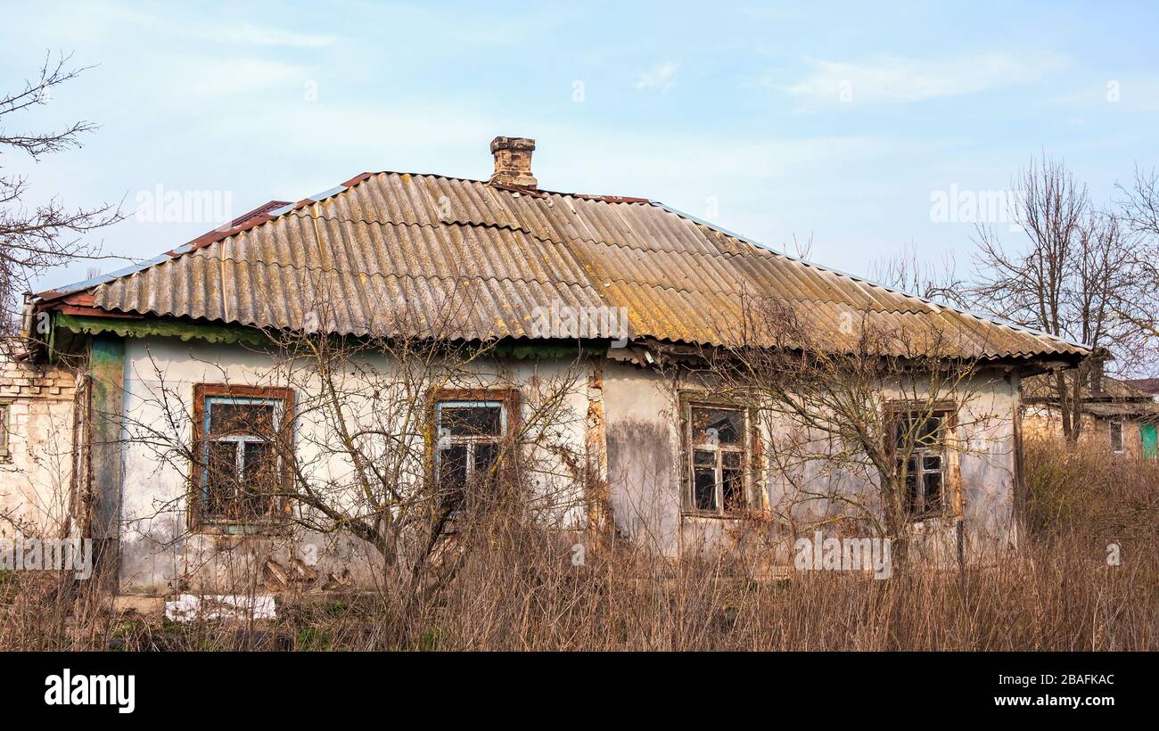 Old abandoned house with gray tiled roof and rough walls, overgrown ...