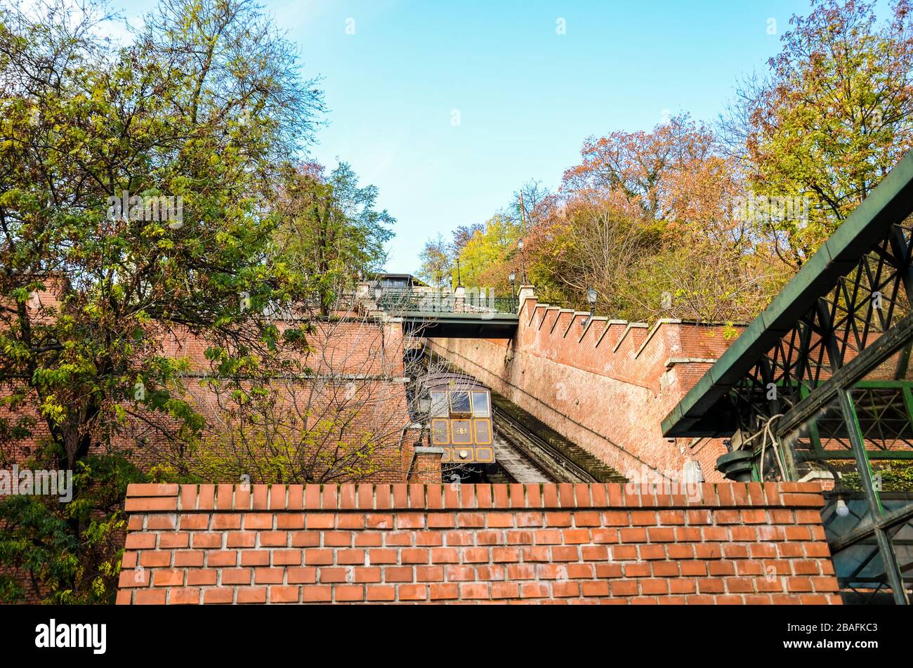 Budapest, Hungary - Nov 6, 2019: Cable car, public funicular train ...