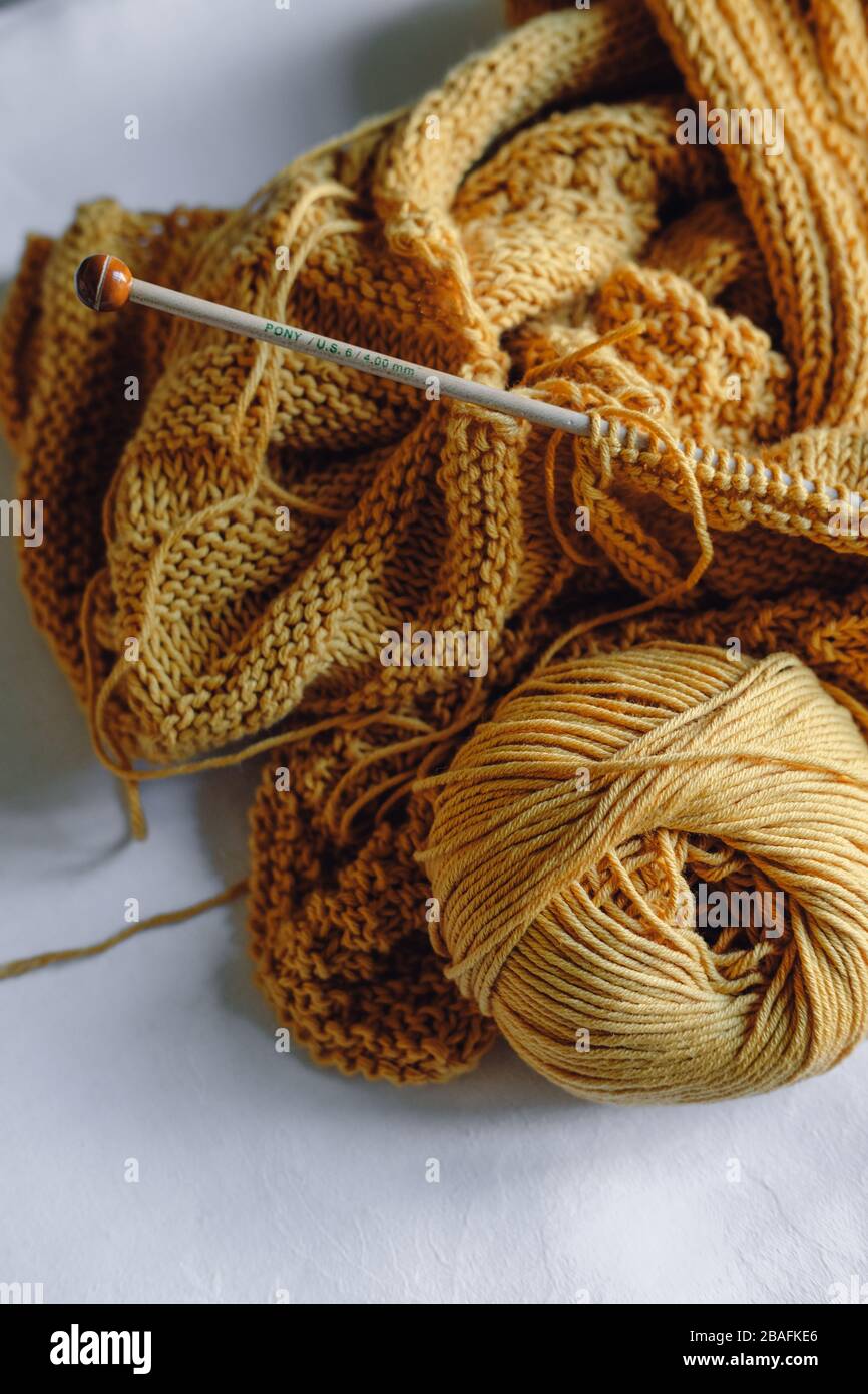 Yellow knitting yarn ball with needles Stock Photo - Alamy