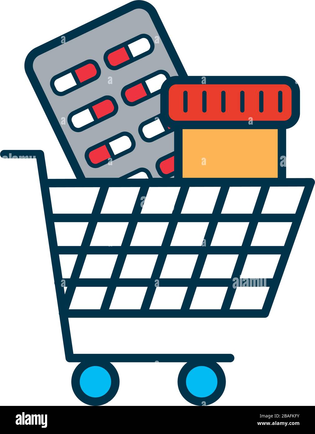 shopping cart with medication pills icon over white background, line ...