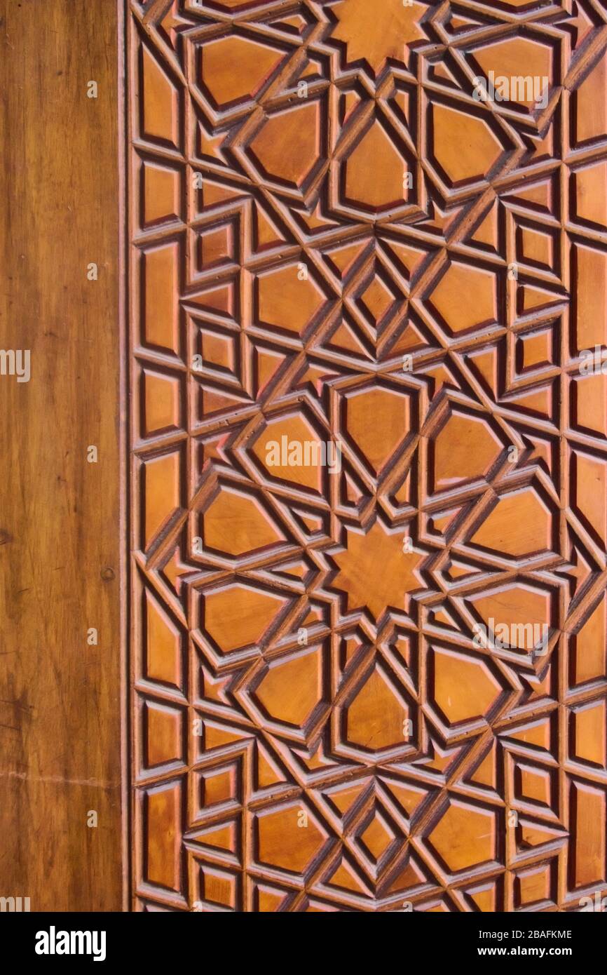 Geometrical pattern on a wooden door at a the Sehzade Mosque in ...