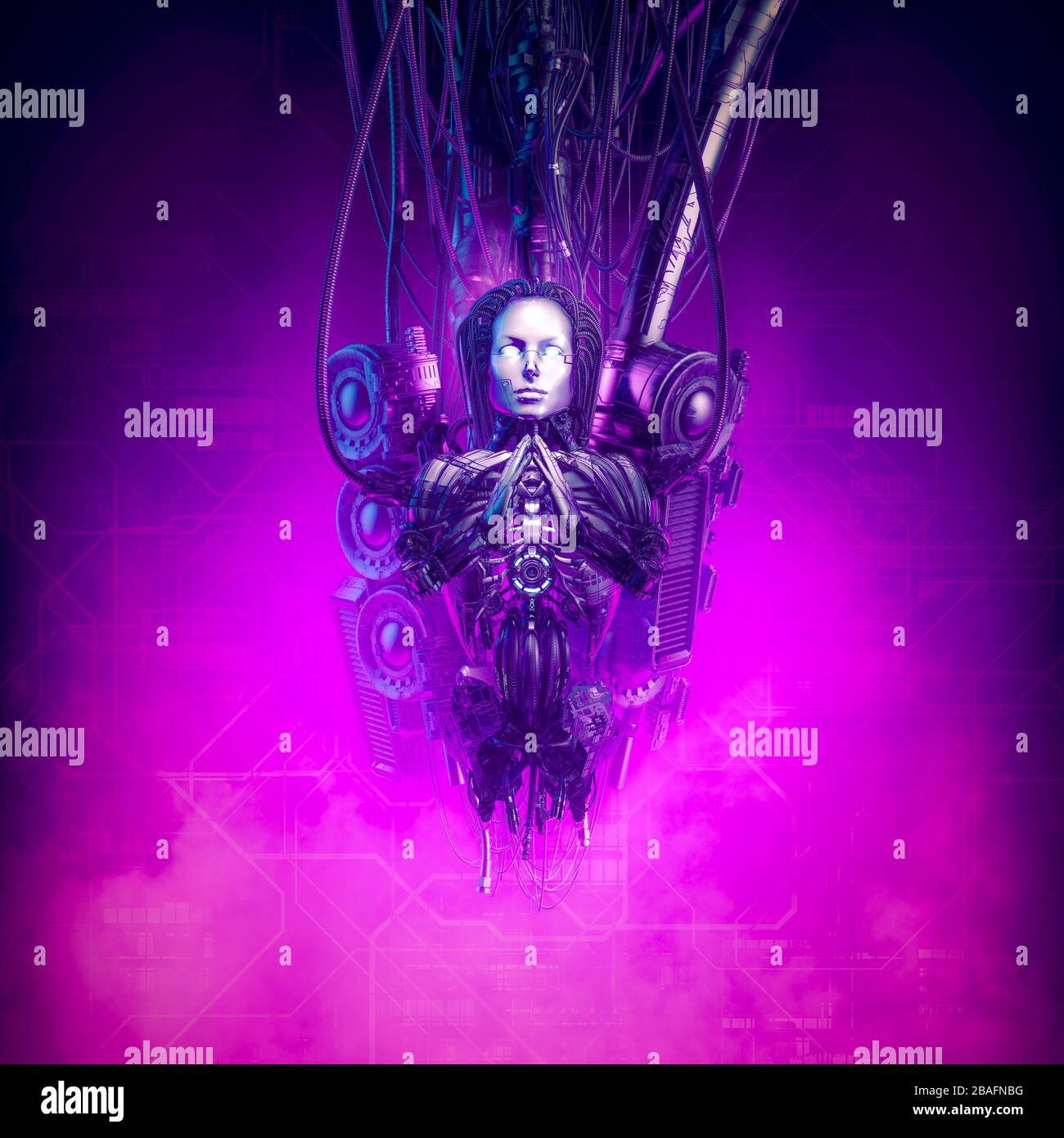 Female robot under repair / 3D illustration of futuristic metallic ...