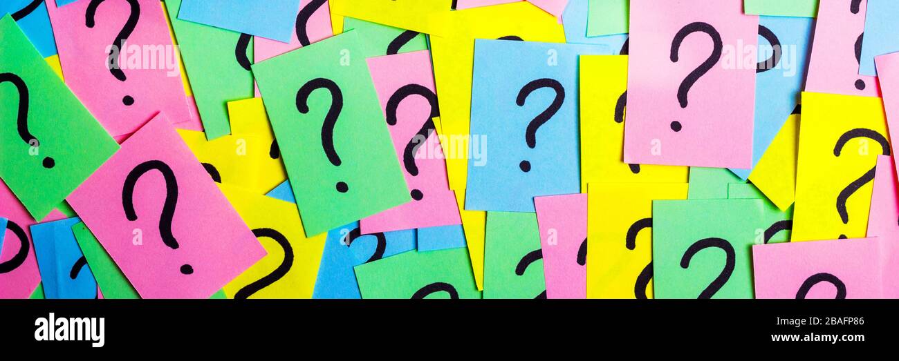 Too Many Questions. Pile of colorful paper notes with question marks ...