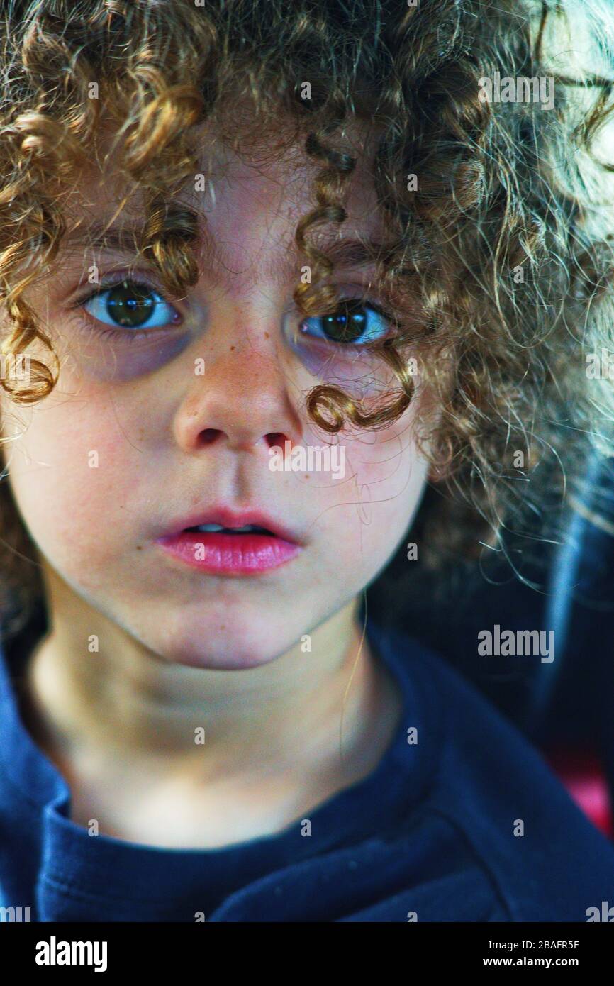 Cute curly haired boy on road trip Stock Photo - Alamy