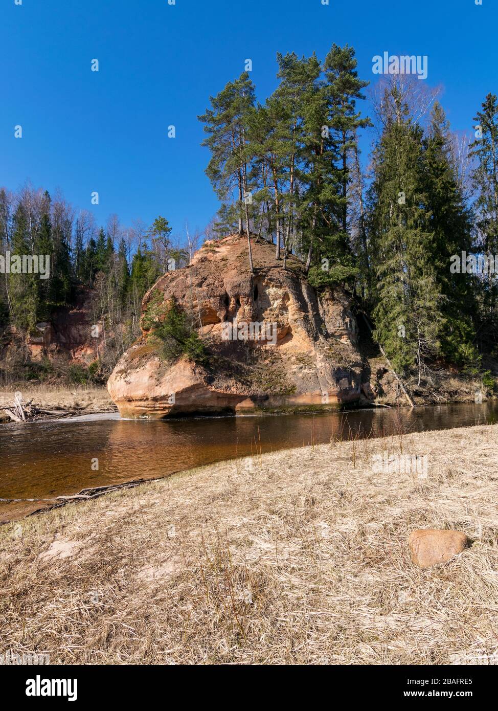 wonderful spring landscape with beautiful sandstone cliff, clear river ...