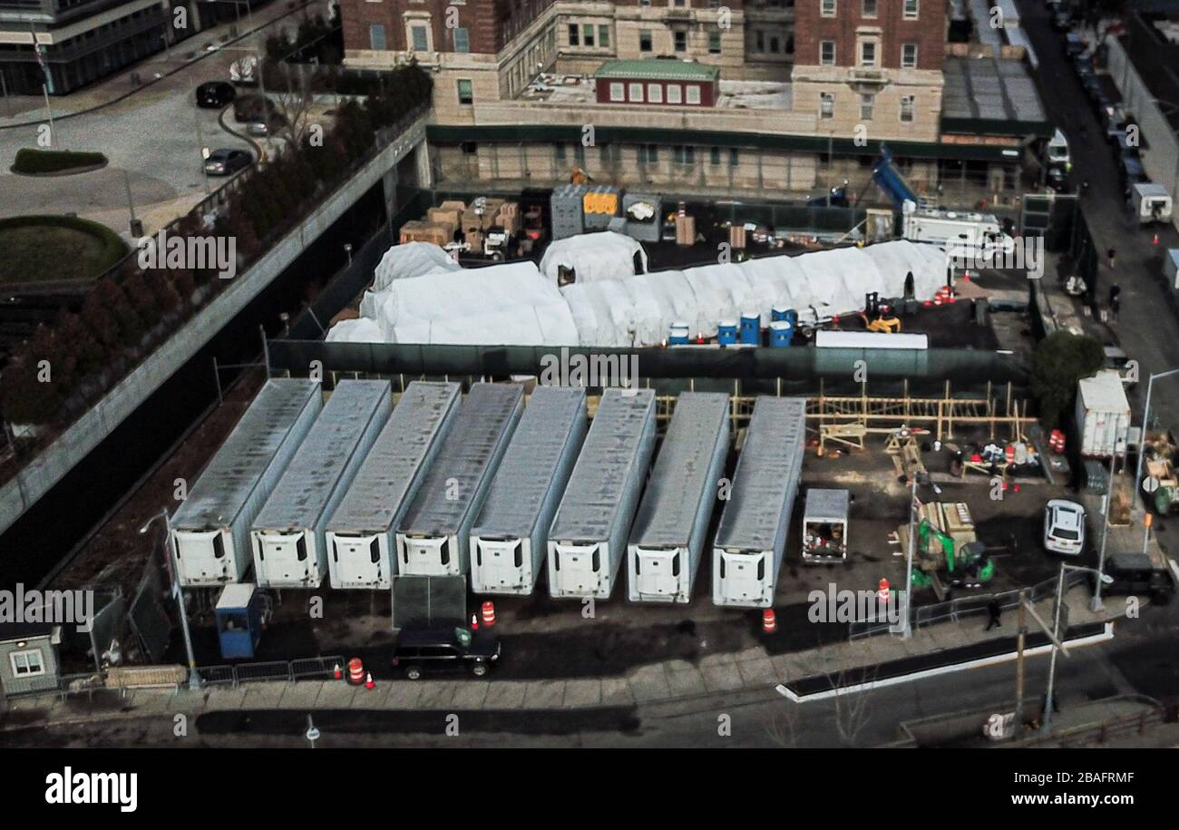 New York Manhattan, USA. 27th Mar, 2020. NYC building Makeshift morgue ...