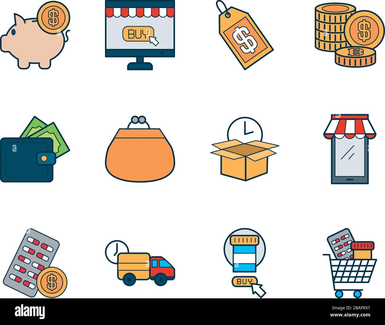 shopping online and money icon set over white background, fill and line ...