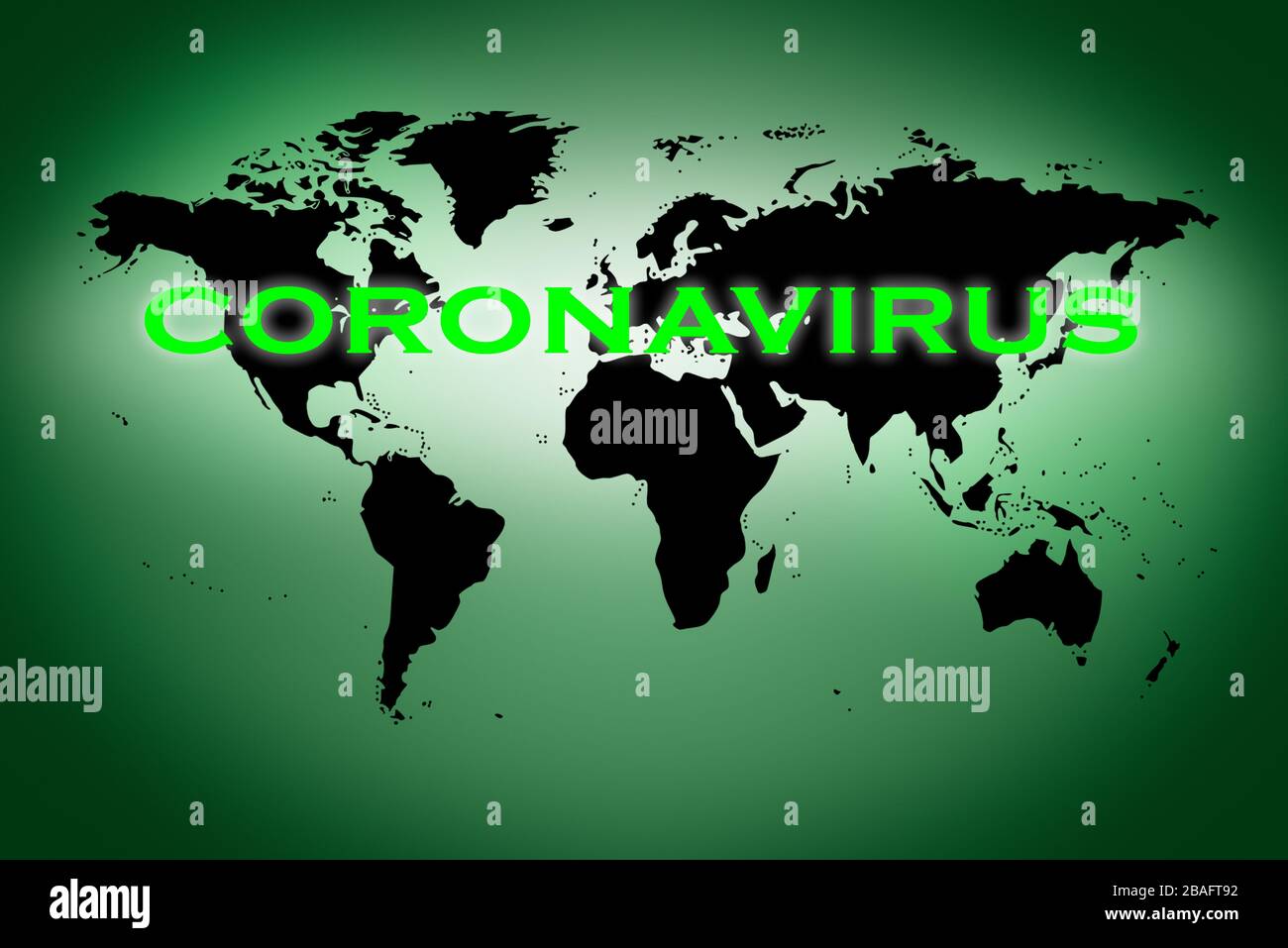 Word coronavirus on the world map with a green background illuminated ...