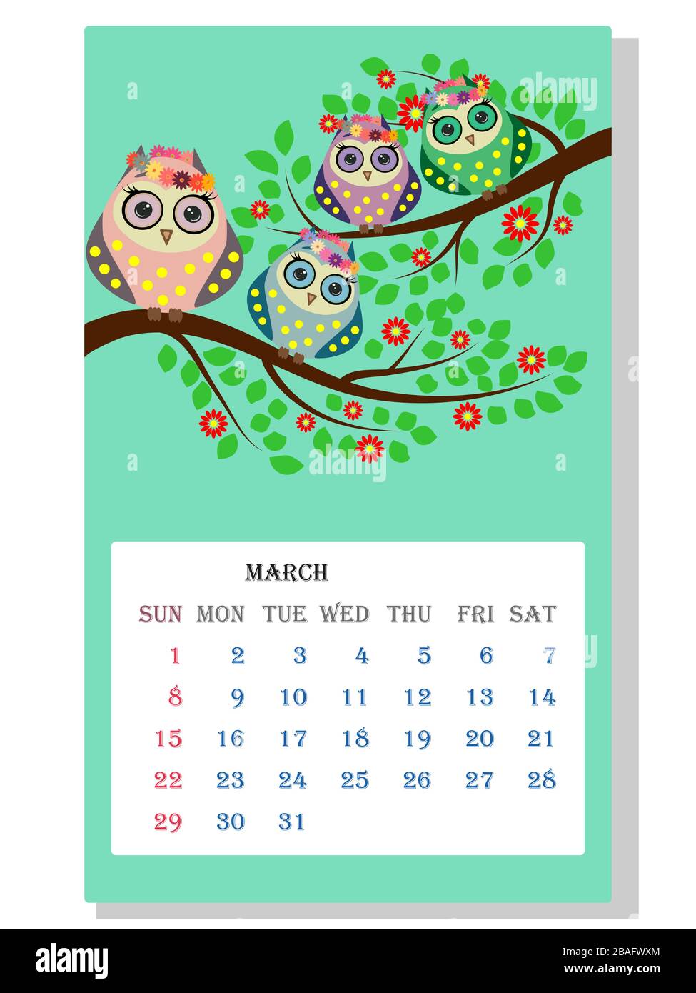 Calendar 2021. Cute owls and birds for every month Stock Vector Image ...