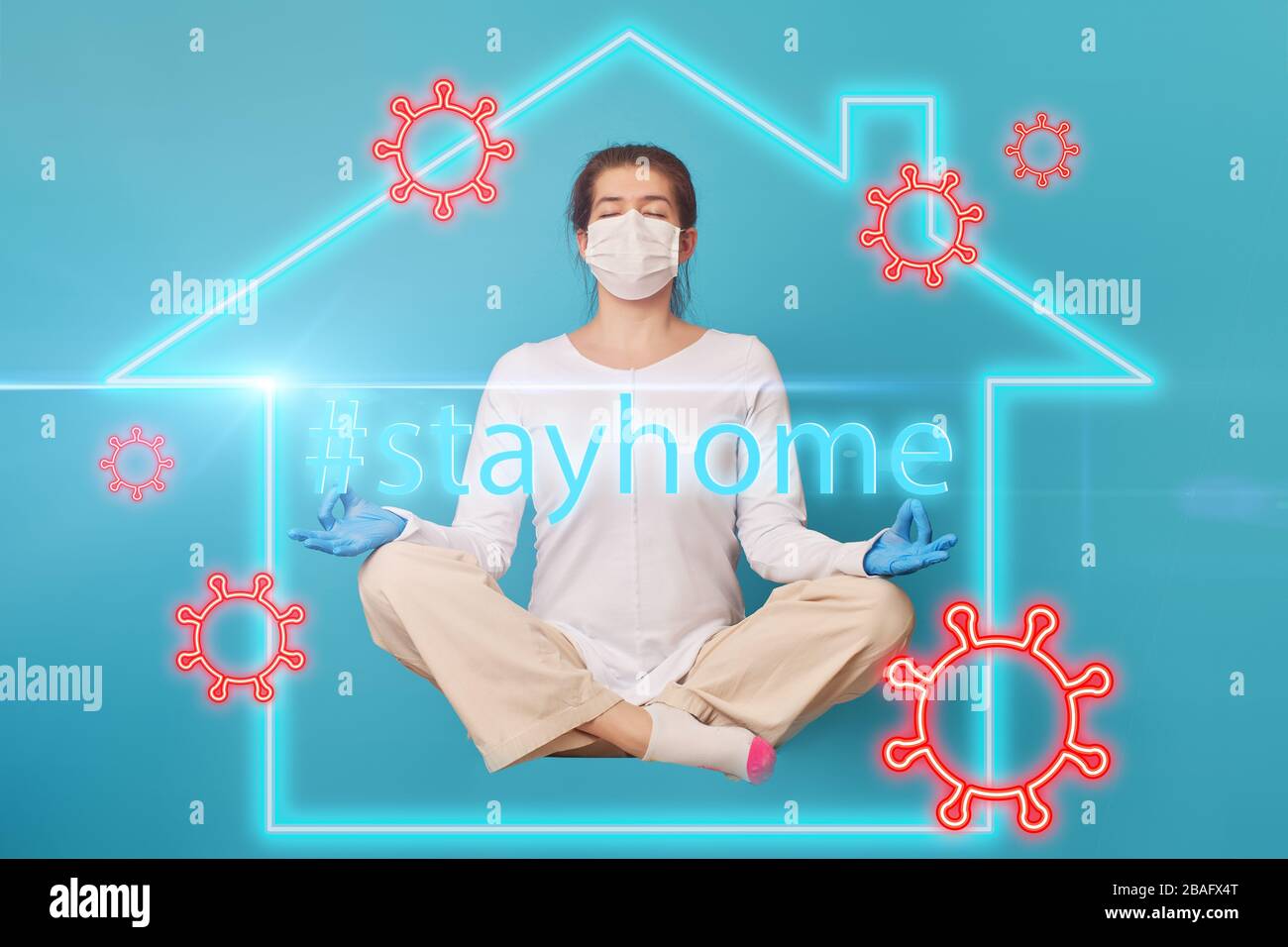 Woman levitates and relaxing in lotus pose inside symbol of house that ...