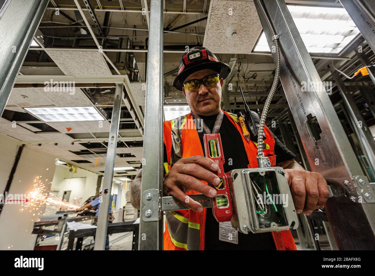 Los Angeles, USA. 12th Mar, 2020. IBEW Local 11 electricians helping to ...