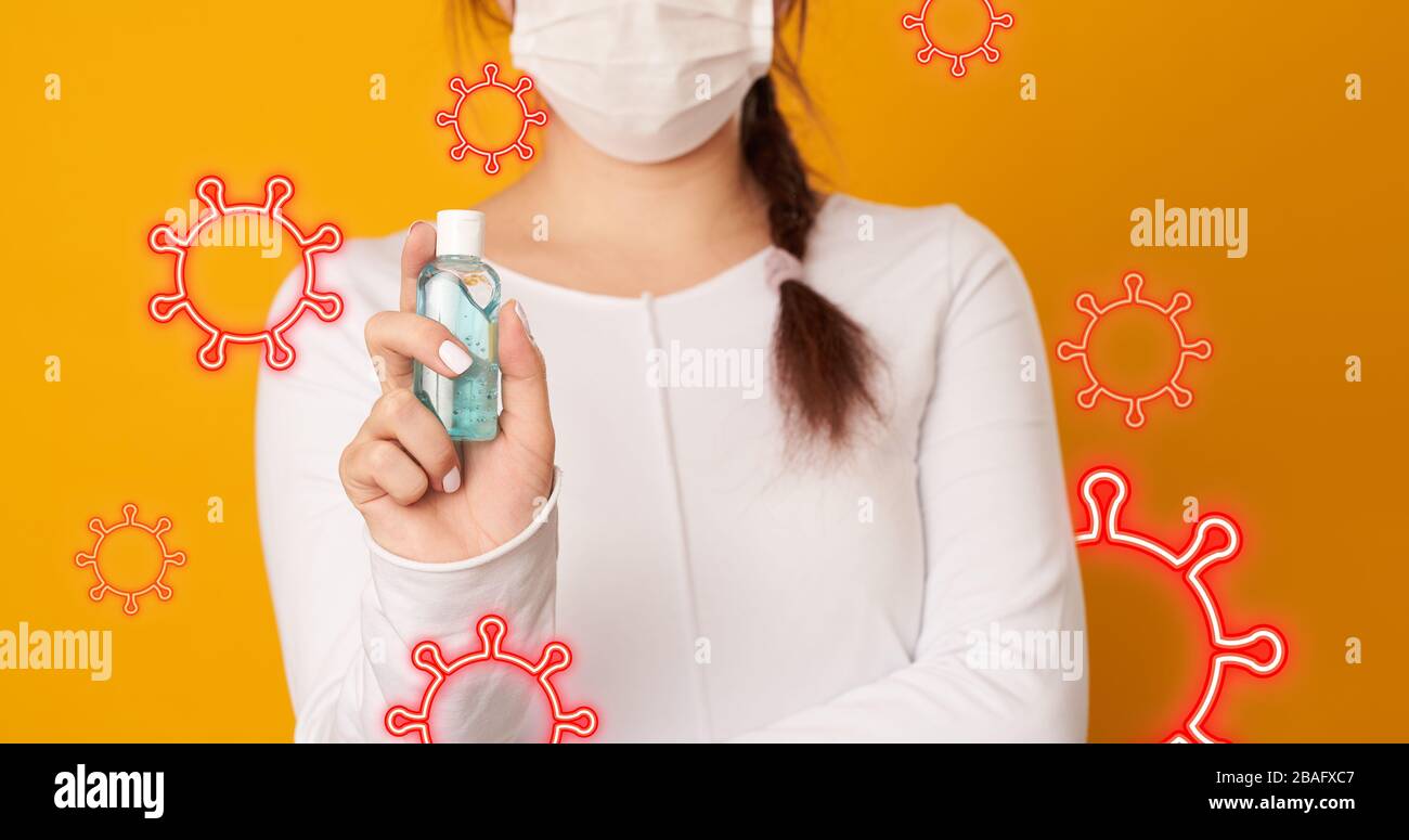 Woman holds antiseptic in her hands. Concept of hygiene, protect of ...