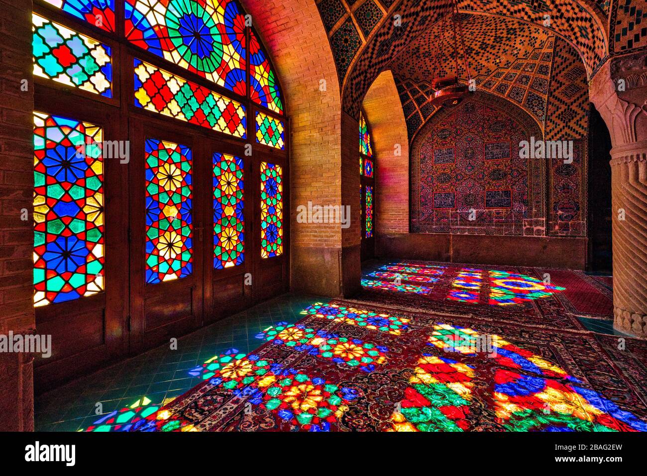 Stained glass windows in Nasir-ol-molk Mosque or Pink Mosque in Shiraz ...