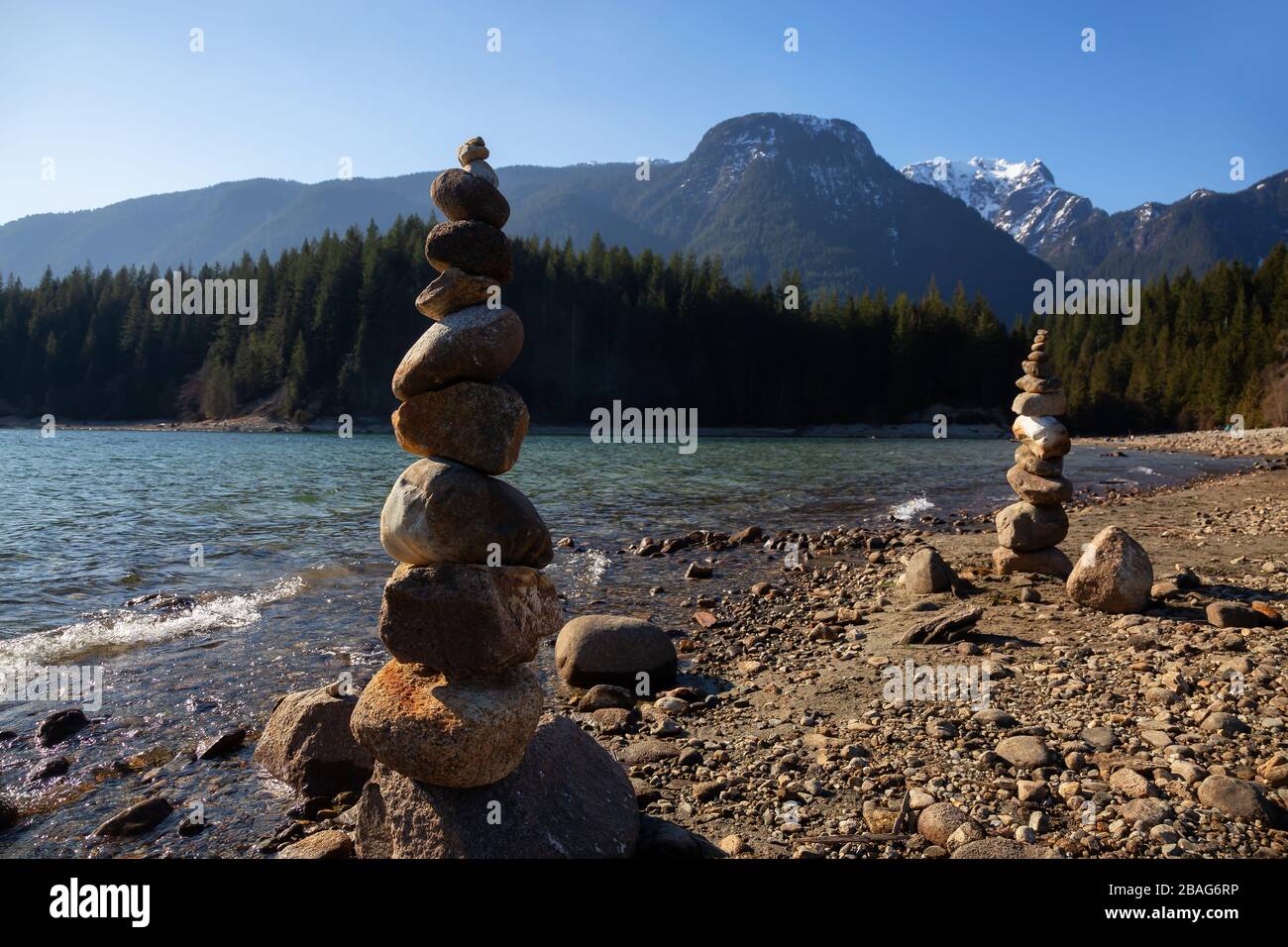 Balancing Rocks on the beach by the Alouette Lake during a sunny winter ...