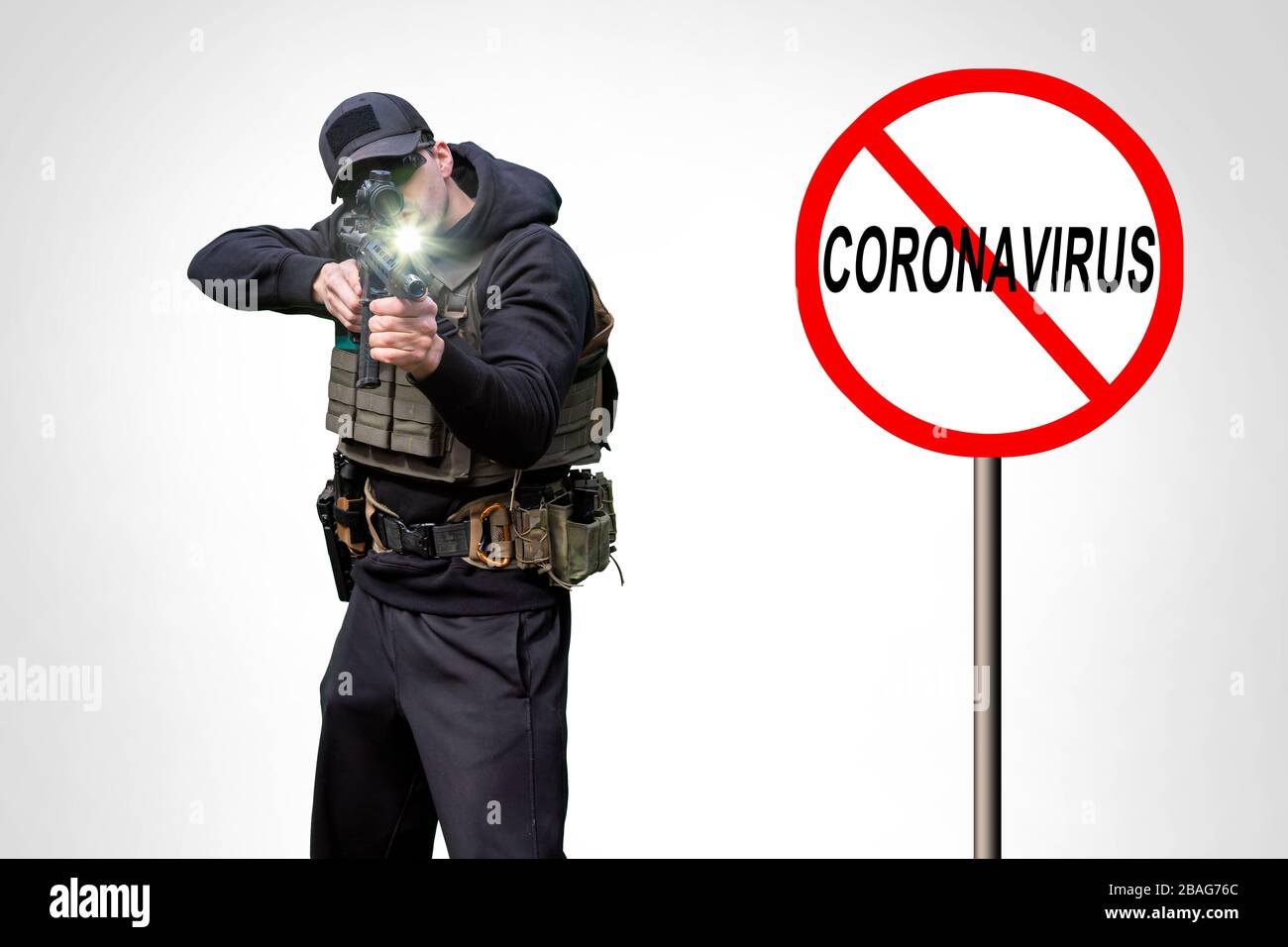 Coronavirus Ban Sign. Army Man wearing Tactical Uniform and holding ...