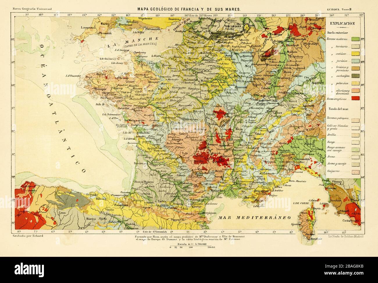 Antique 19th century color map of a geological map of France and ...
