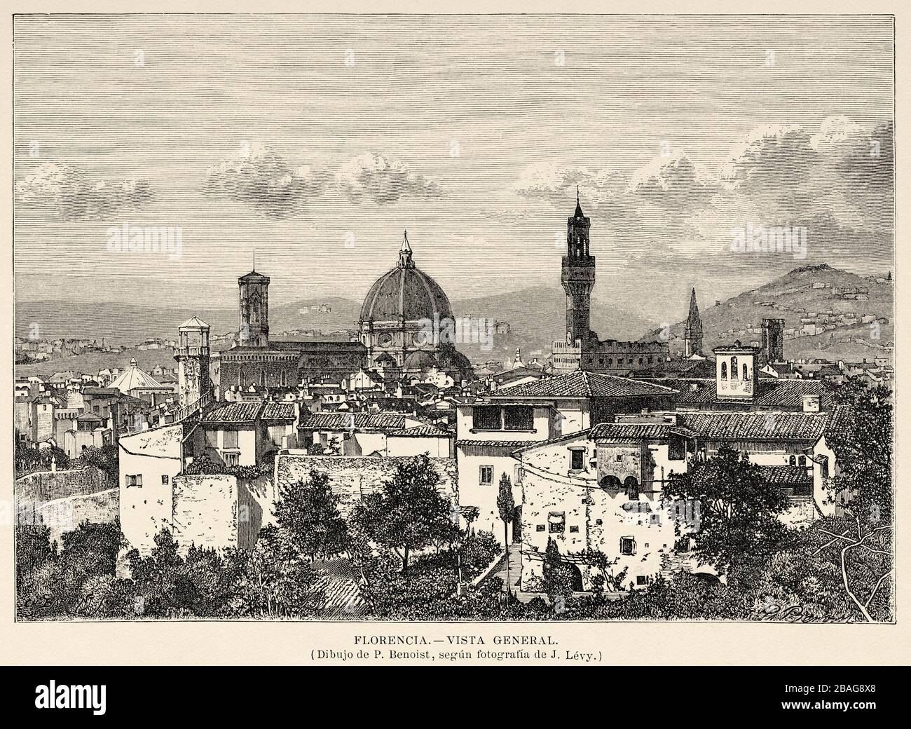 General panoramic view of the city of Florence, Italy Europe. Old 19th ...