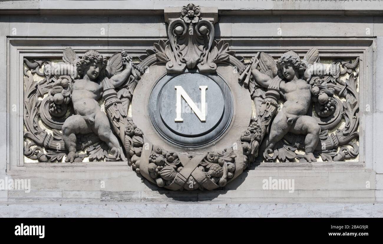 Monogram of Napoleon iii on facade of Garnier Palace in Paris, France ...