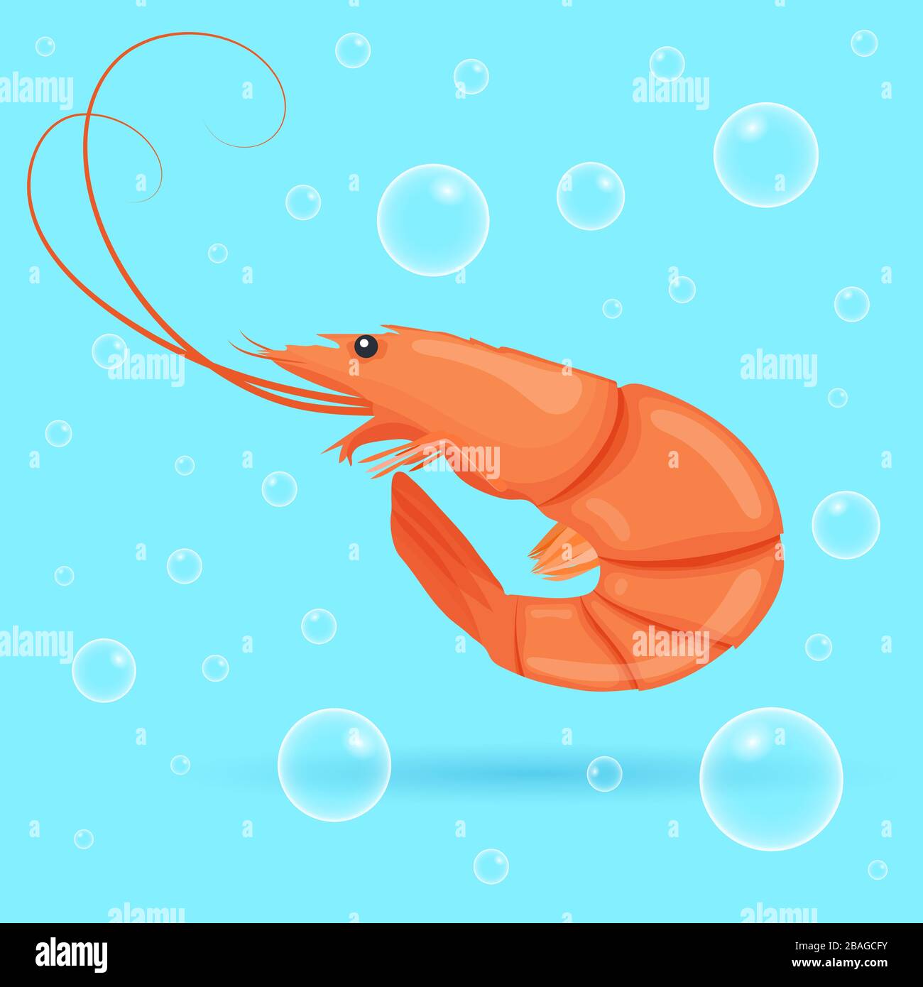 Cute shrimp on blue background with bubbles. Brightly-coloured ocean ...