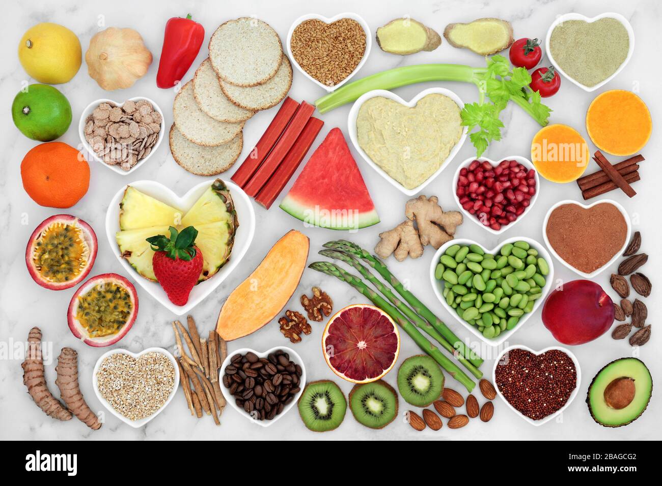 Healthy heart food concept with health foods high in fibre ...