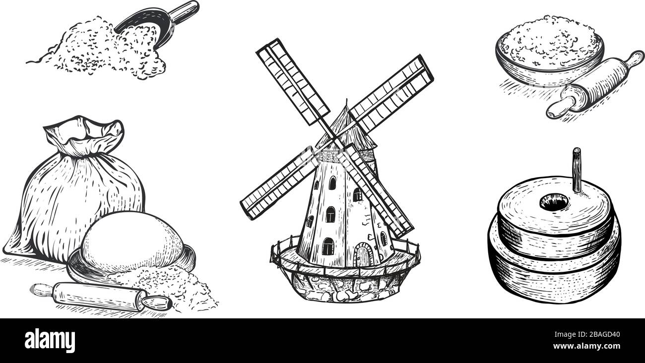 Set of flour, hand mill, windmill, wheat, grain, ingredients. Hand ...