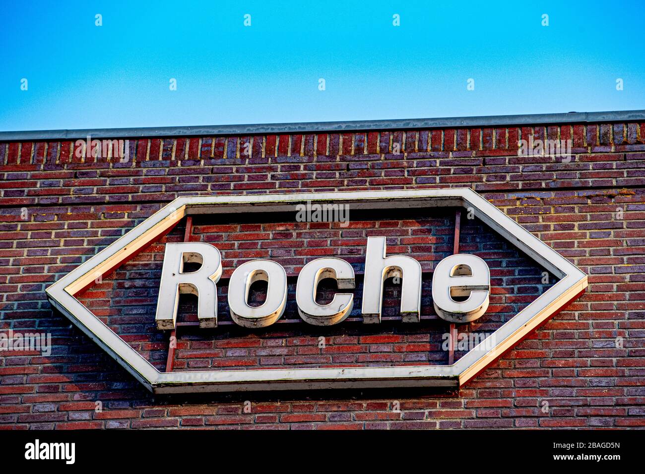 The Roche logo at a branch in Woerden. The Swiss pharmaceutical company ...