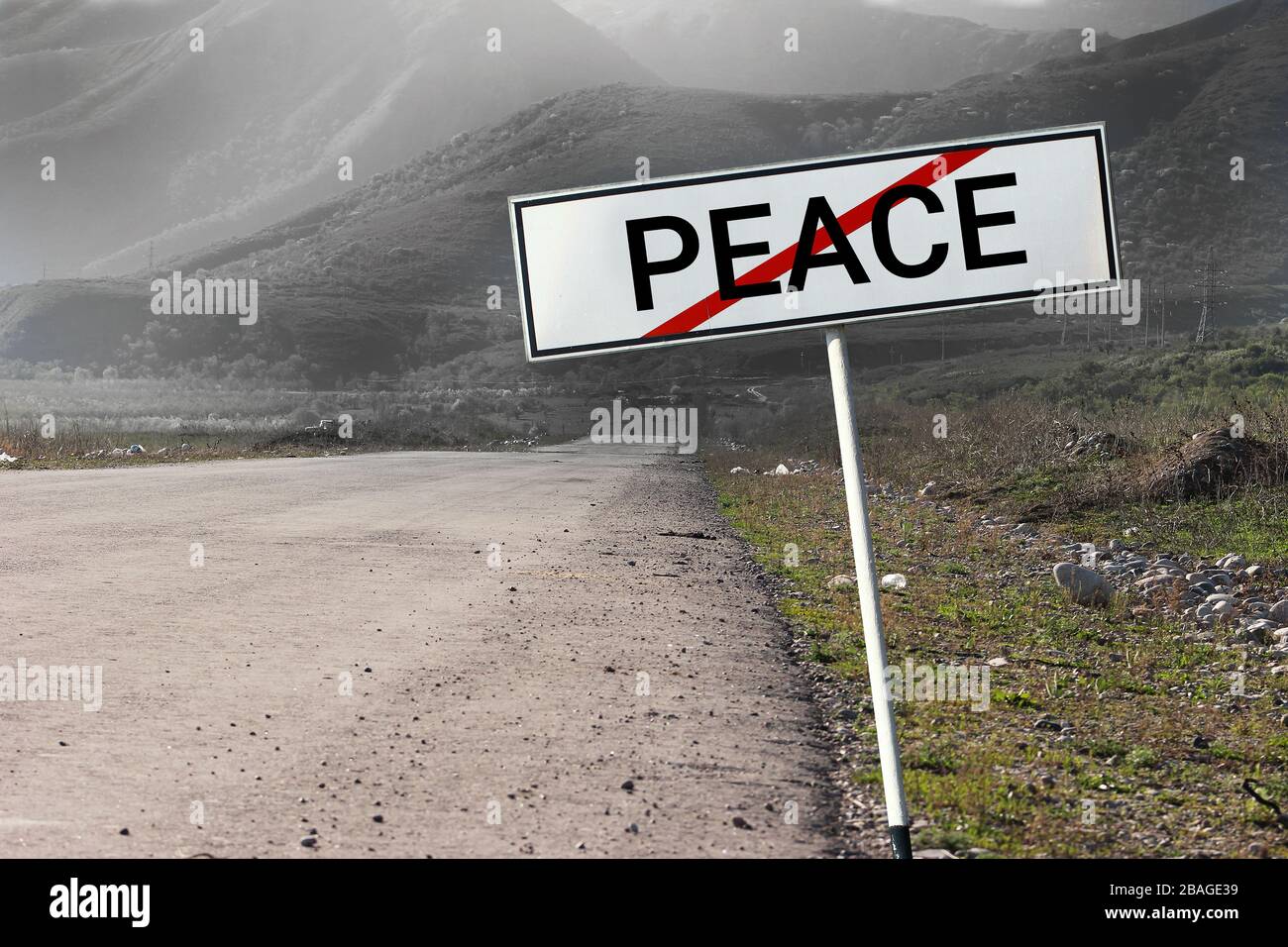Road and road sign crossed out word "PEACE Stock Photo - Alamy