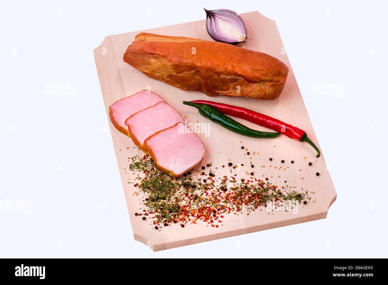 Dried bacon with spicy peppers Stock Photo - Alamy