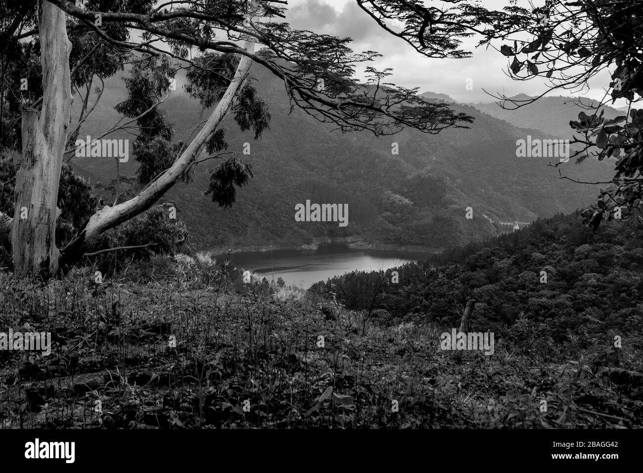 dramatic black and white image of a lake and large dam high in the ...