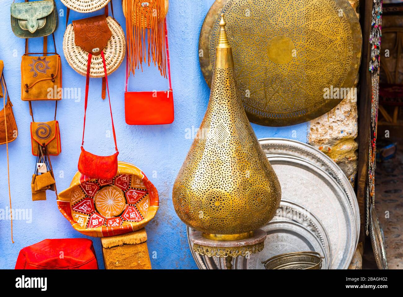 Moroccan-style cookware in the store, Chefchaouen, Morocco Stock Photo ...