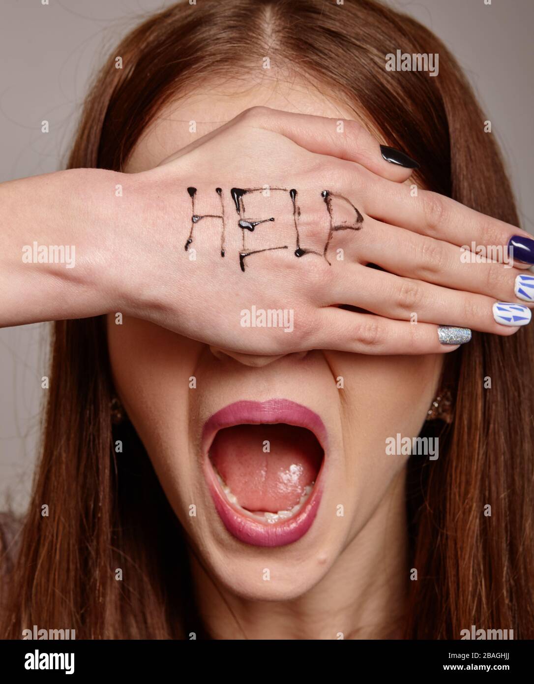 Help me Psychological portrait of woman's cries for help with painted ...
