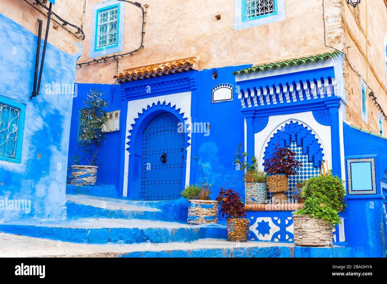 View of the buildings of the blue town of Chefchaouen, Morocco Stock ...
