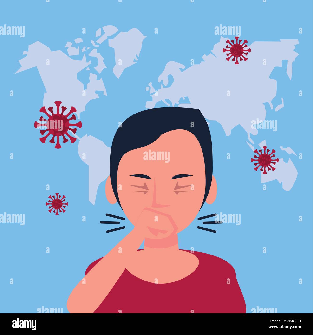 person coughing with covid19 particles and earth planet maps Stock ...