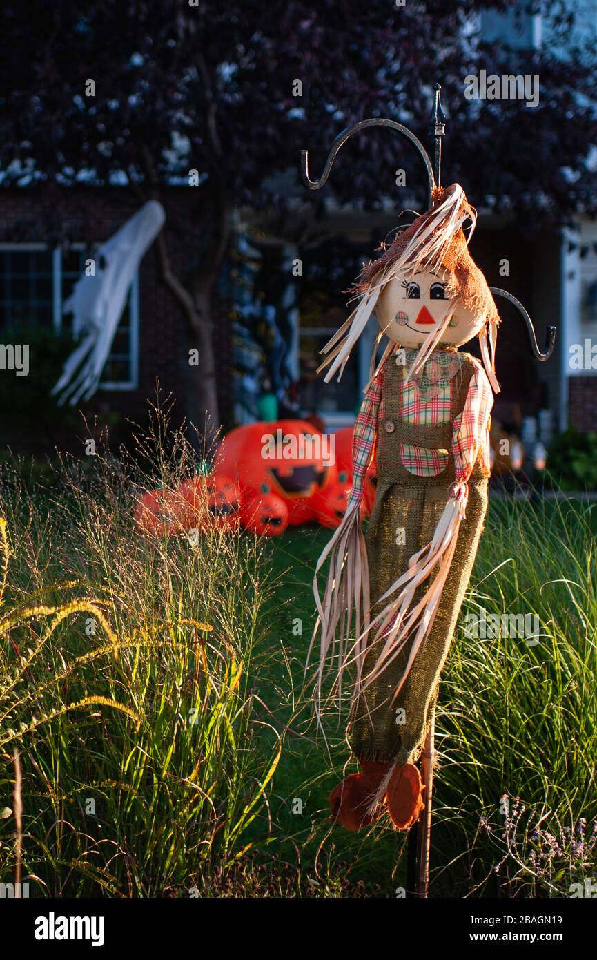 Scarecrow in front yard with halloween decorations Stock Photo - Alamy