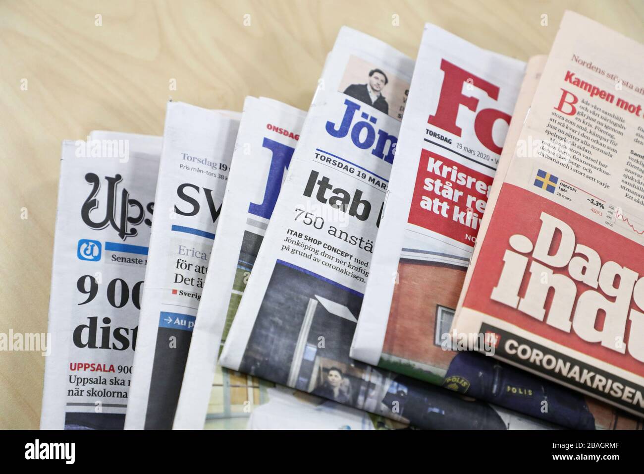 Motala, Sweden 20200319 Picture of newspapers in a library. Several ...