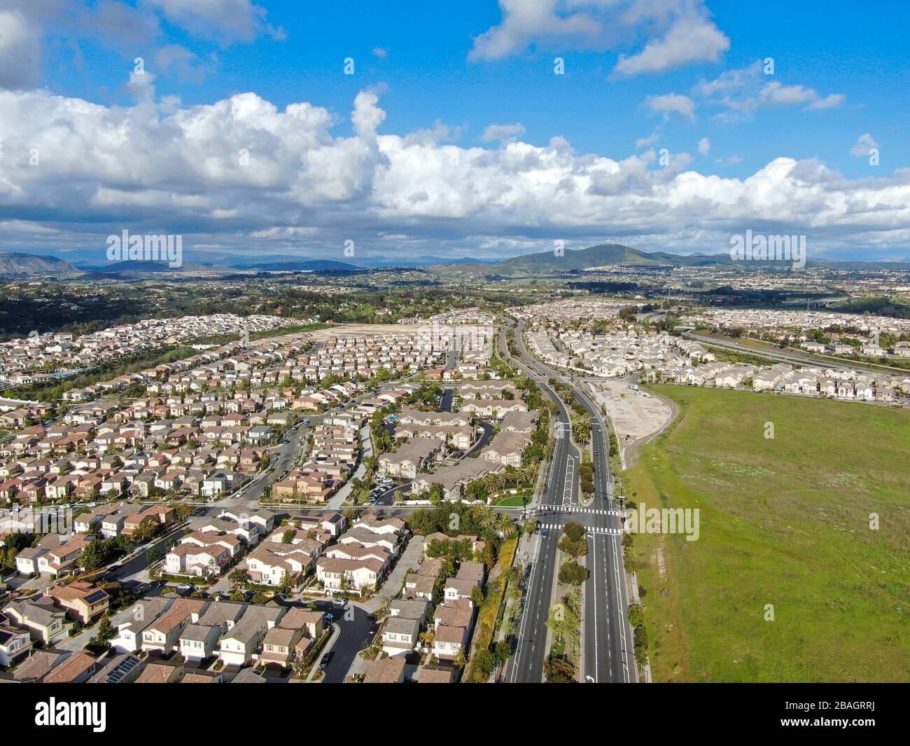 Aerial view of middle class subdivision neighborhood with residential ...